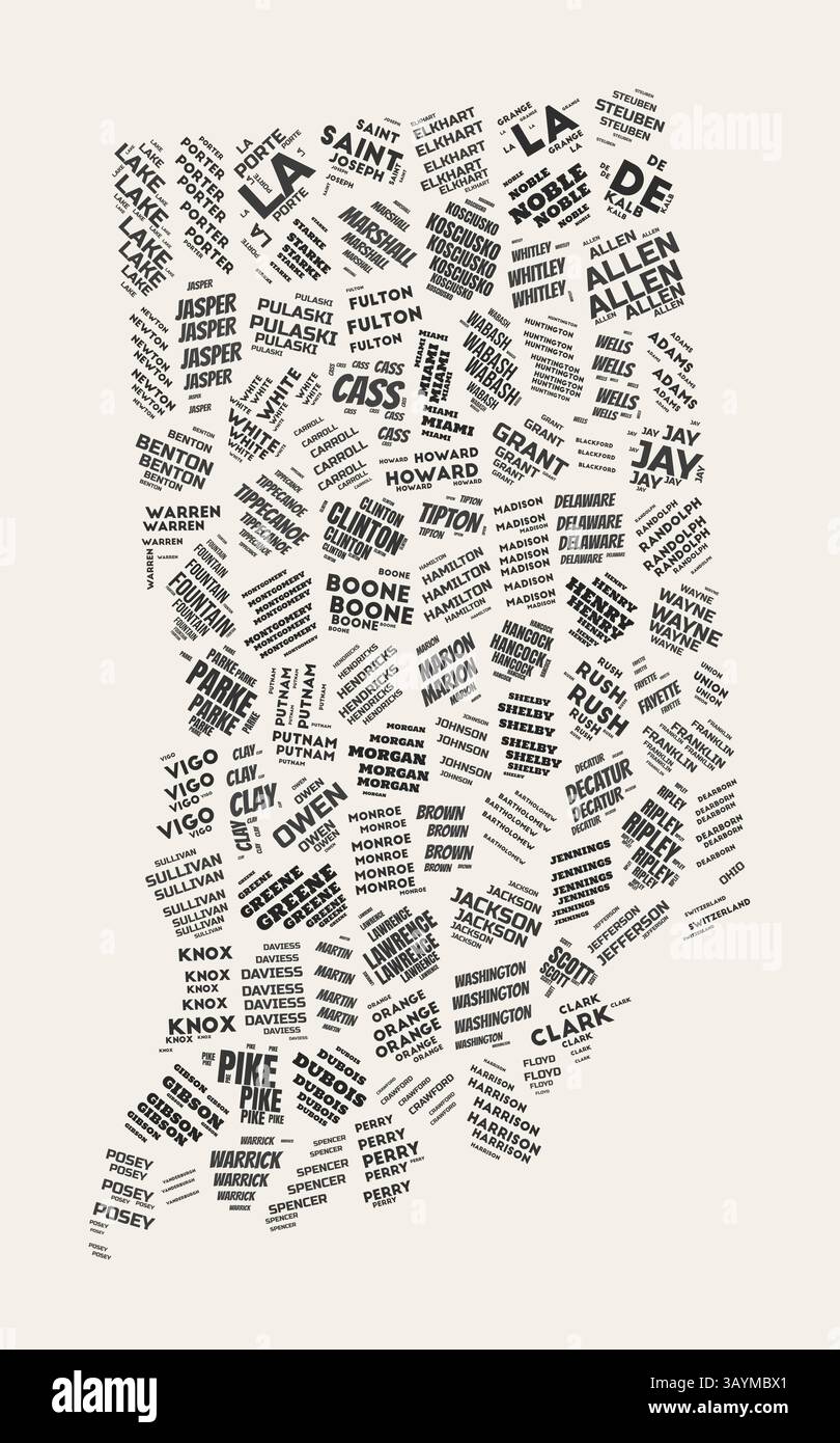 Indiana Word Cloud. State with counties division. Indiana typographic ...