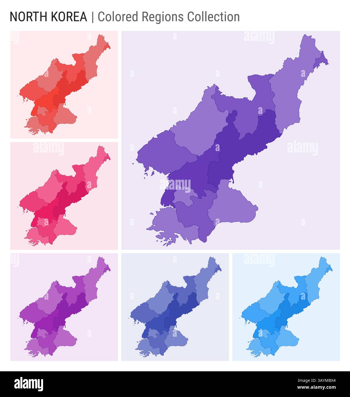 North Korea map collection. Country shape with colored regions. Deep ...