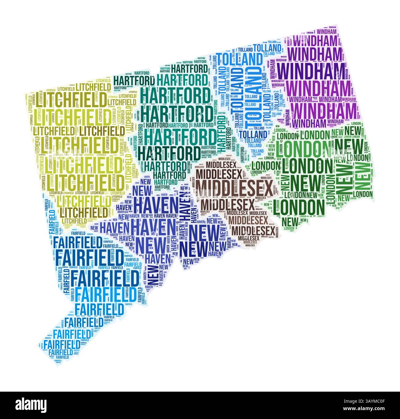 Connecticut county word cloud. State shape design. Connecticut colored ...