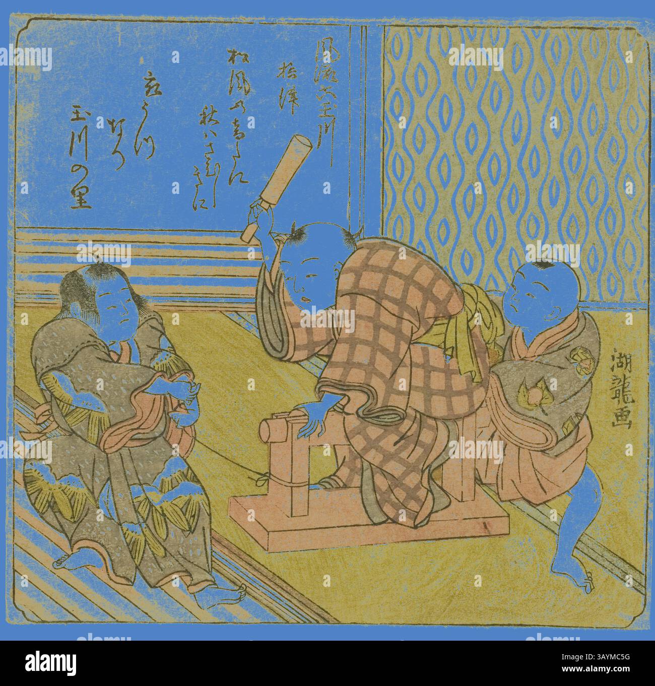 A traditional scene depicting three individuals engaged in a craft ...