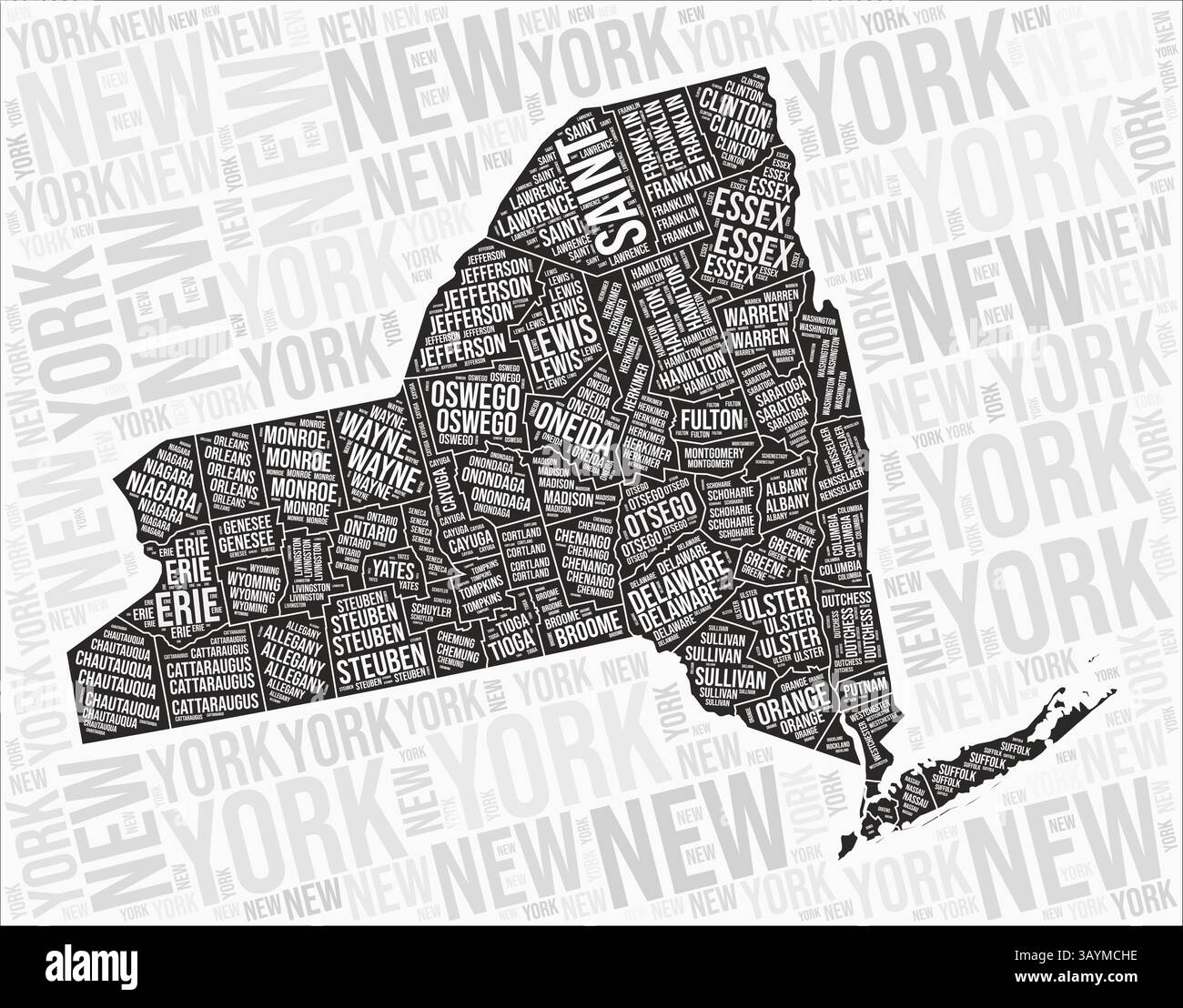 New York counties map word cloud. New York region names. Black and ...