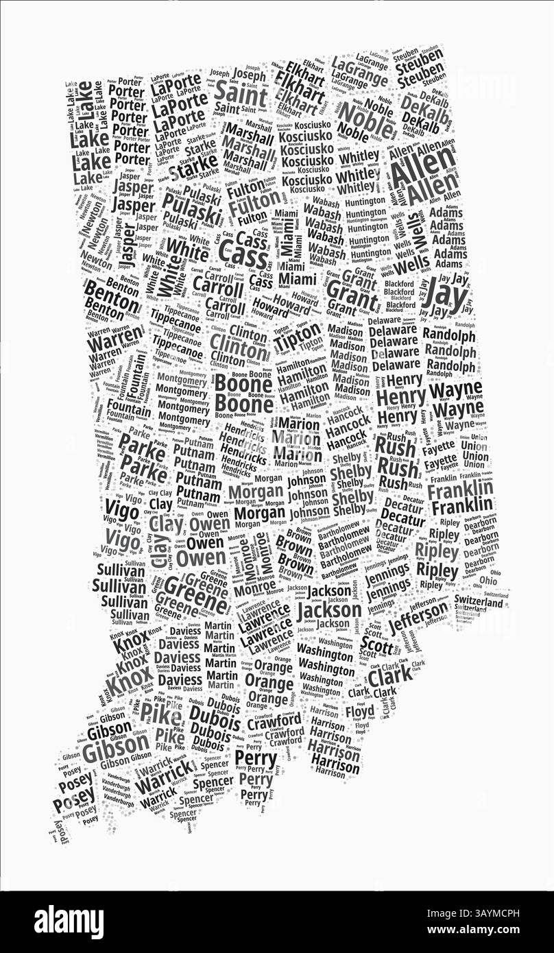 Indiana text style counties. State region names word clouds in English ...