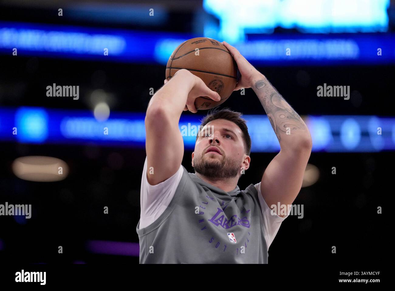 Los Angeles Lakers guard Luka Doncic warms up before Game 2 of an NBA first-round playoff series ...