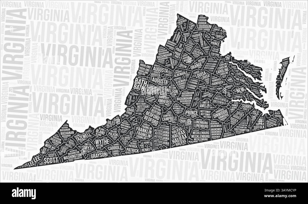Virginia counties map word cloud. Virginia region names. Black and white map design. Creative ...