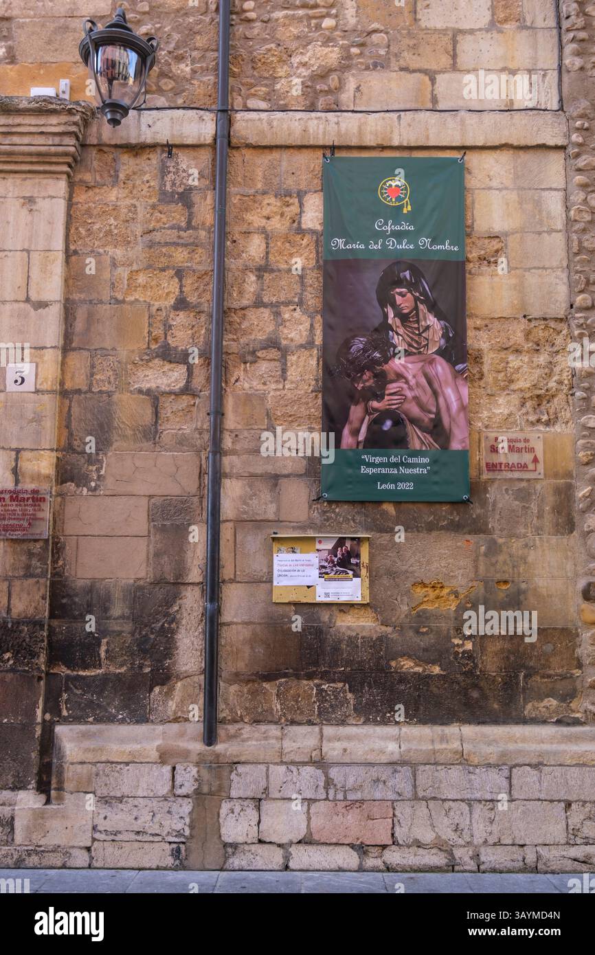 Spain, Leon. Religious Banner and Notices on a Wall near the Plaza ...