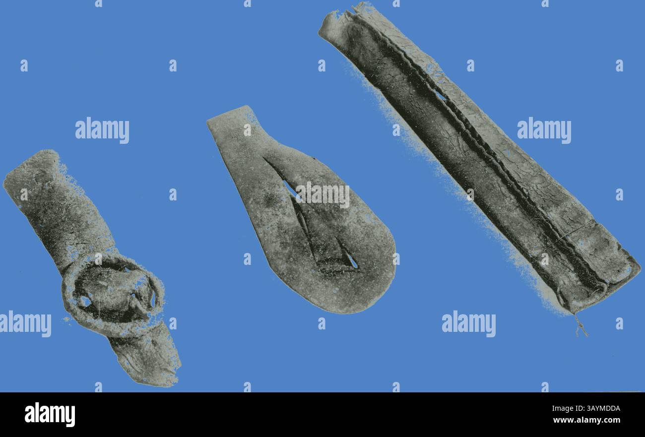 A collection of ancient artifacts, featuring three distinct metal ...