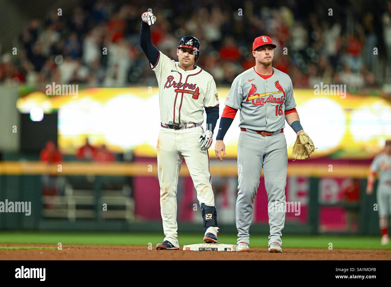 ATLANTA, GA – APRIL 22: Atlanta third baseman Austin Riley (27) reacts ...