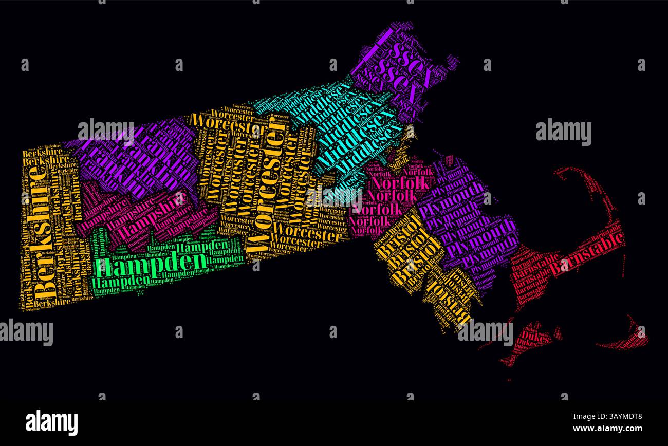 Massachusetts regions word clouds. Bright typographic style design on dark background ...