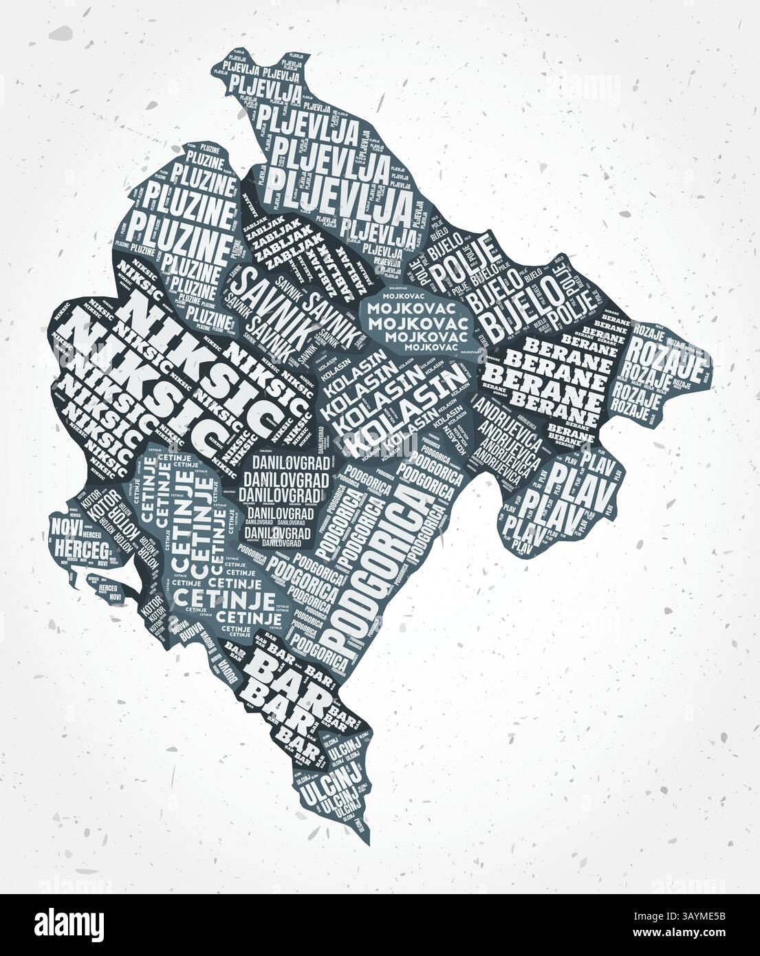 Montenegro regions word clouds. Country shape on textured background ...