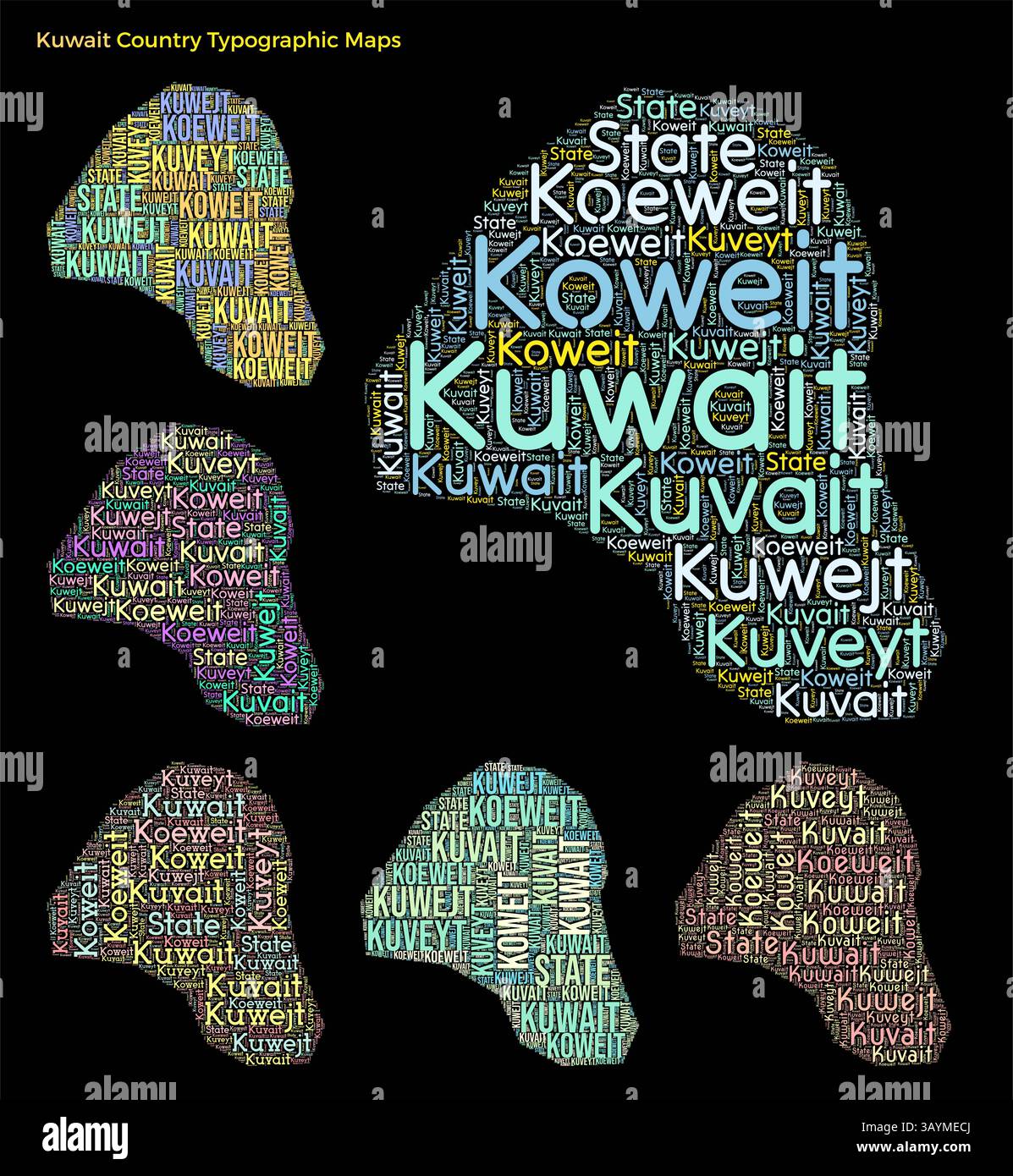Kuwait. Set of typography style country illustrations. Kuwait map shape ...