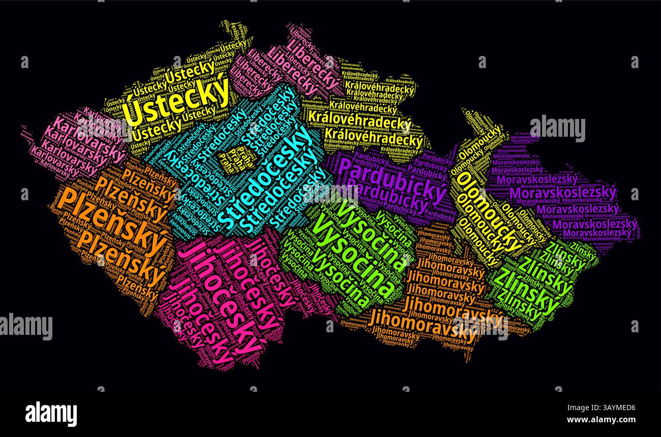 Czech Republic Regions Word Clouds. Bright neon style design on dark ...