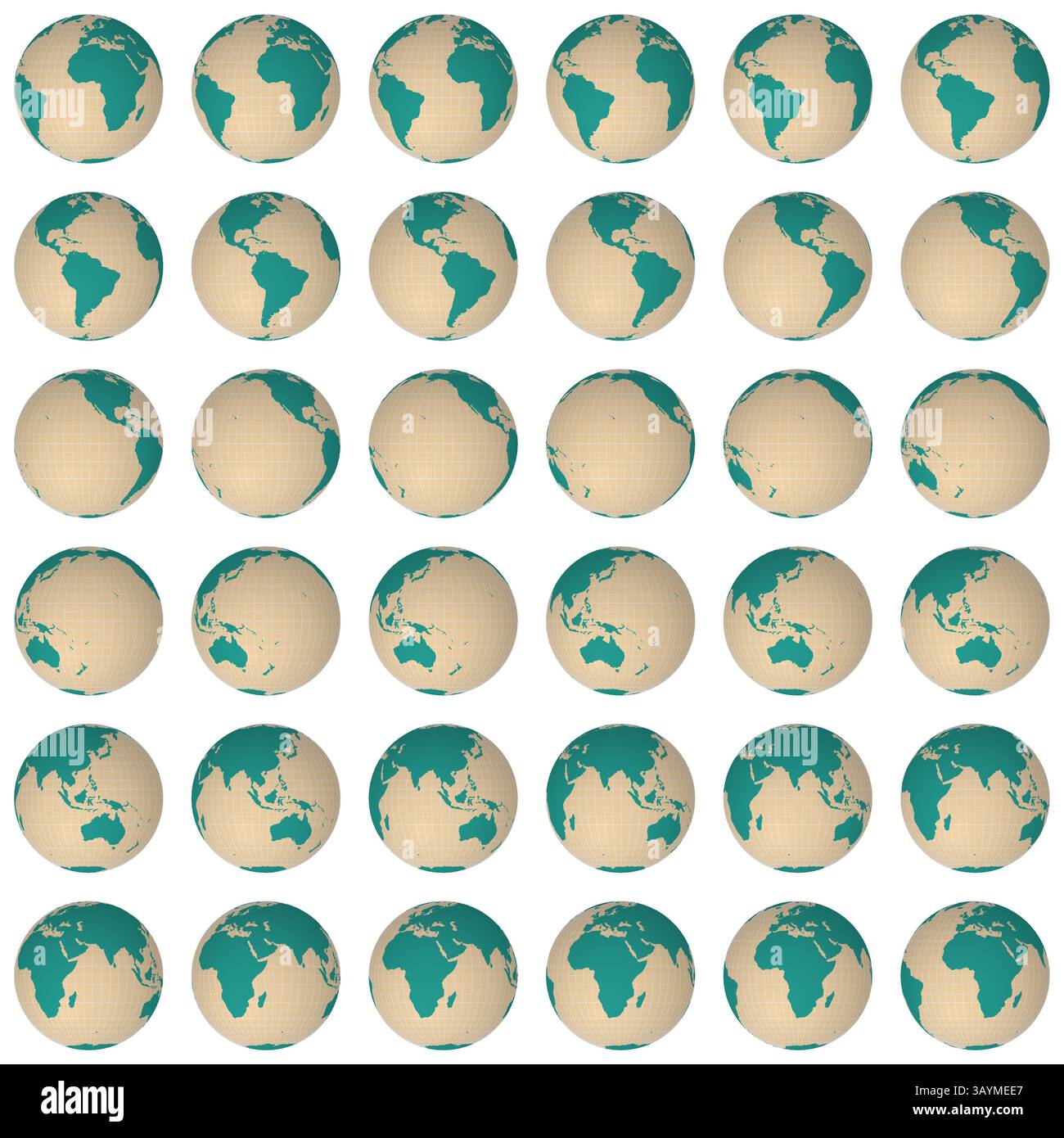 Collection of globes. Normal sphere view. Rotation step 10 degrees ...