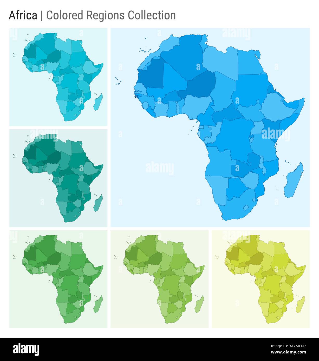 Africa. Map collection. Continent shape. Colored countries. Light Blue ...