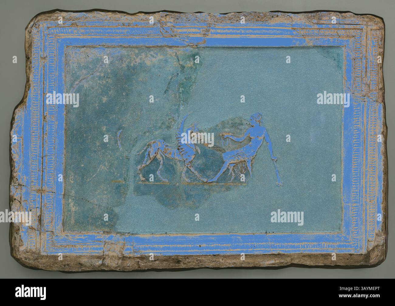 An ancient scene depicting a figure confronting a mythological creature ...