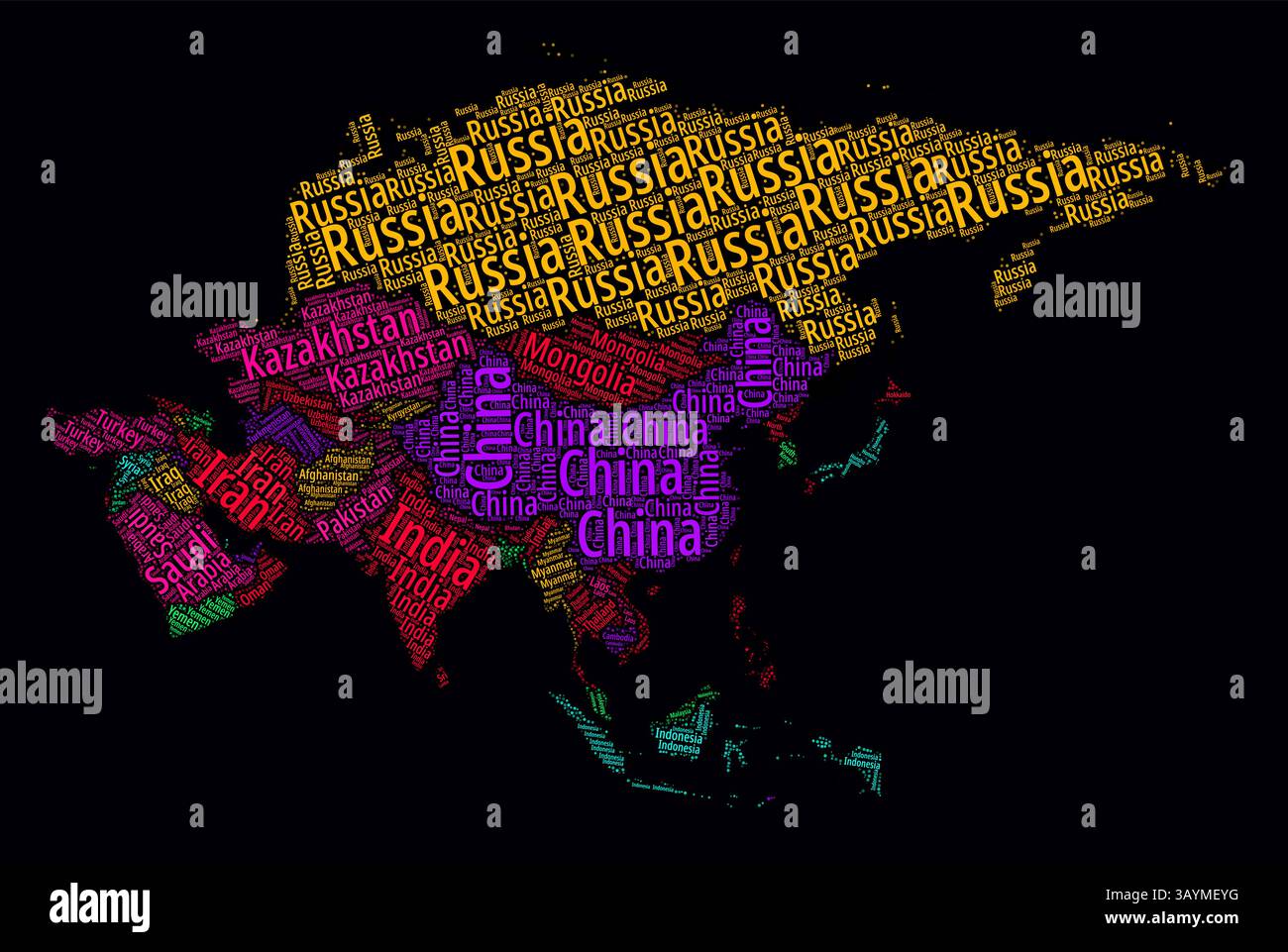 Asia Regions Word Clouds. Bright typographic style design on dark ...