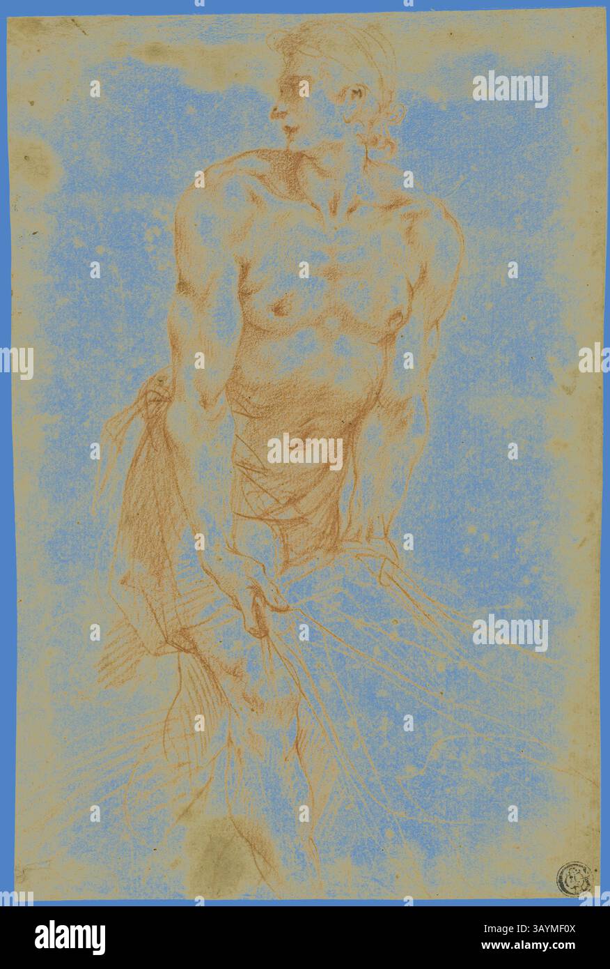 A muscular figure stands in a dynamic pose, partially draped, with an ...