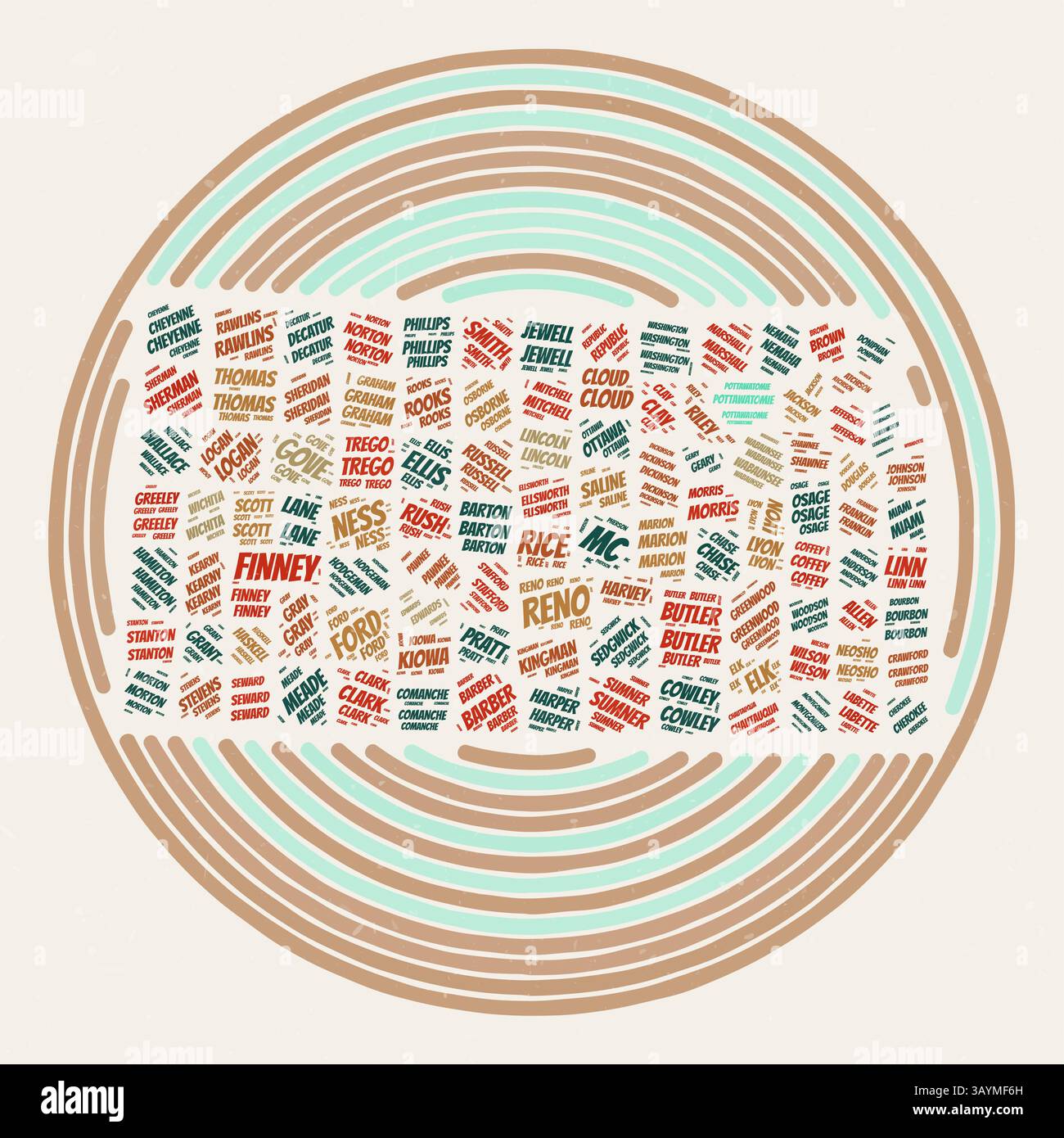 Kansas round poster. Typography style image of State. Counties word ...