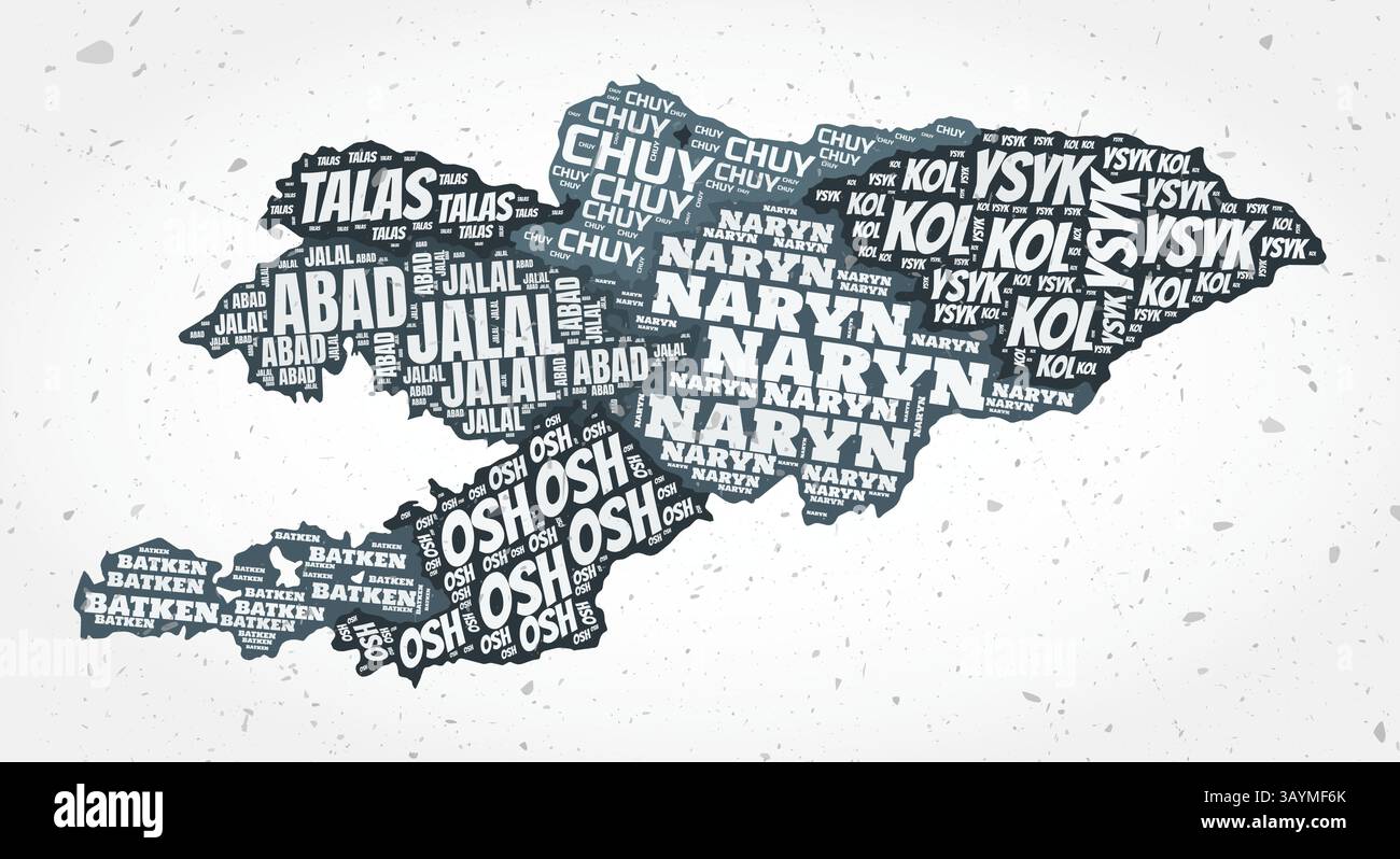 Kyrgyzstan regions word clouds. Country shape on textured background ...