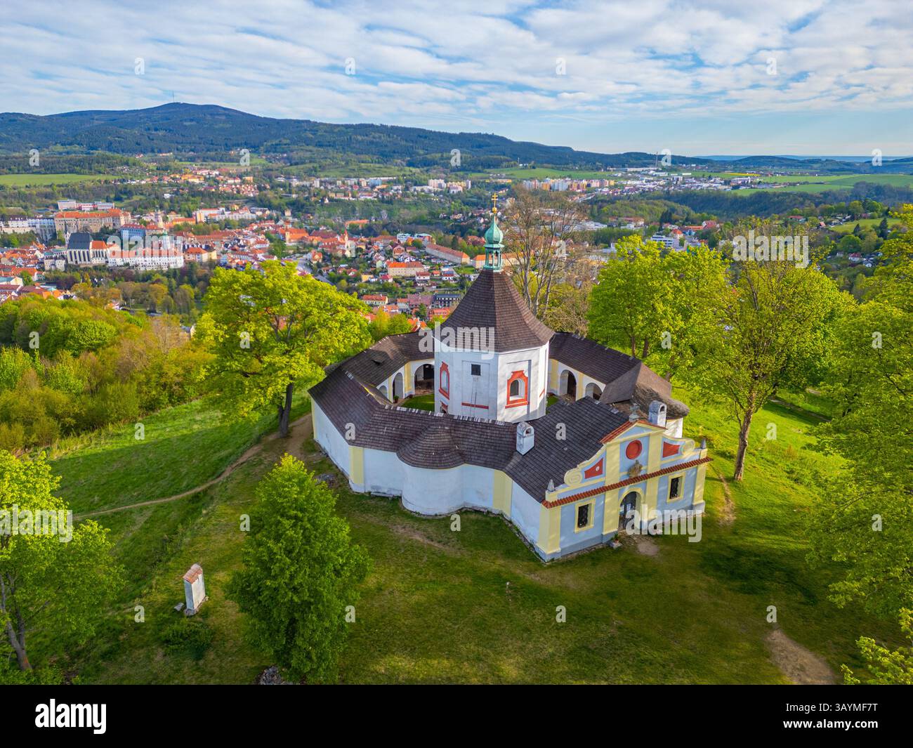 Panorama of Cesky Krumlov viewed behind Chapel of Our Lady of Sorrows ...