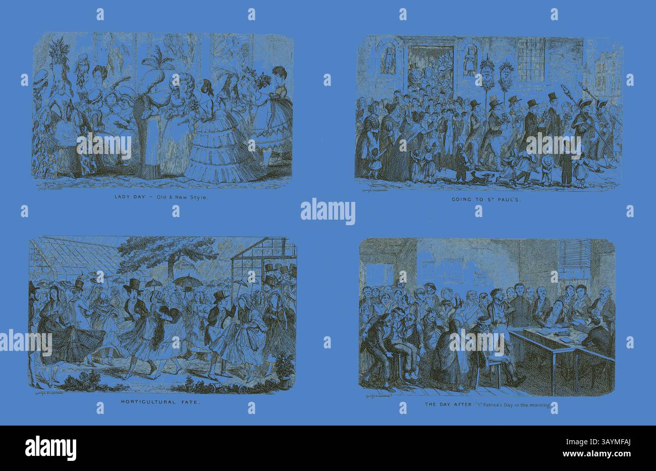 A collection of four scenes depicting social gatherings and events: one ...