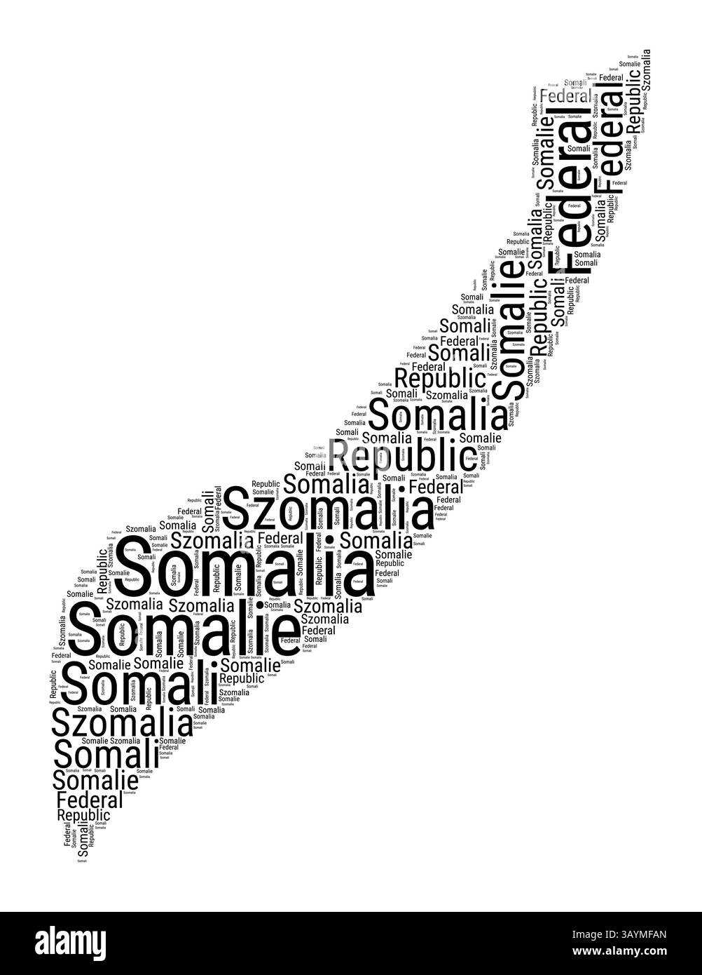 Black and white word cloud in Somalia shape. Simple typography style ...