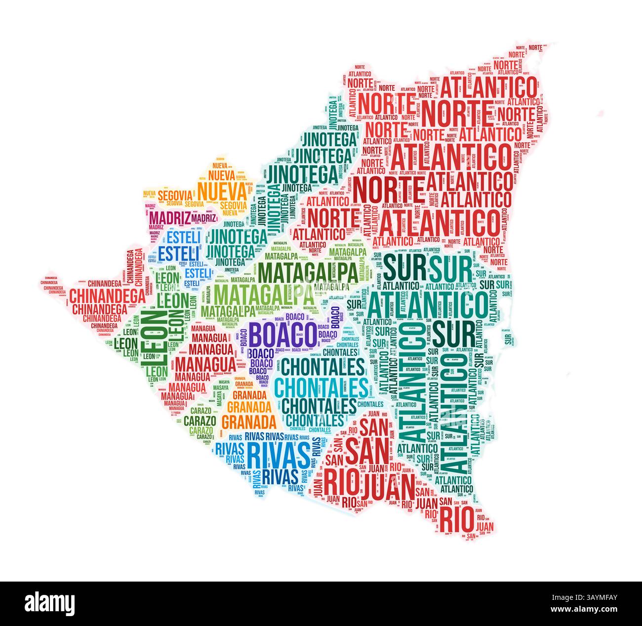 Nicaragua region word cloud. Country shape design. Nicaragua colored ...