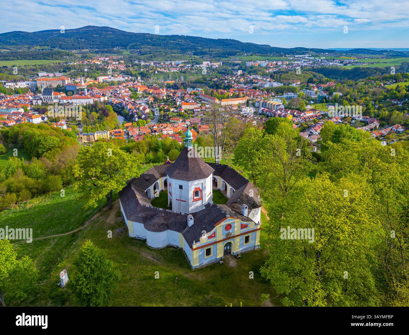 Panorama of Cesky Krumlov viewed behind Chapel of Our Lady of Sorrows ...
