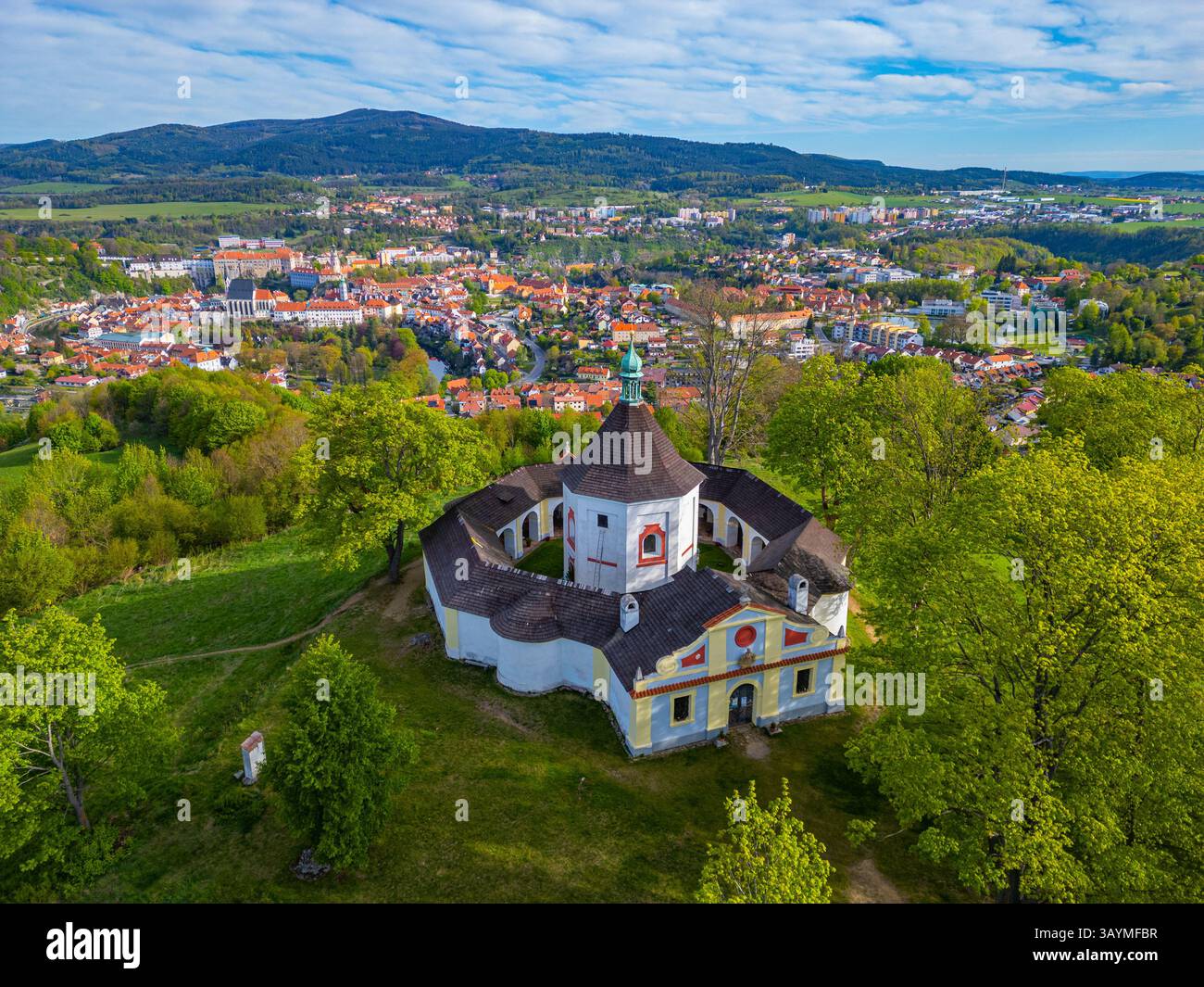 Panorama of Cesky Krumlov viewed behind Chapel of Our Lady of Sorrows ...