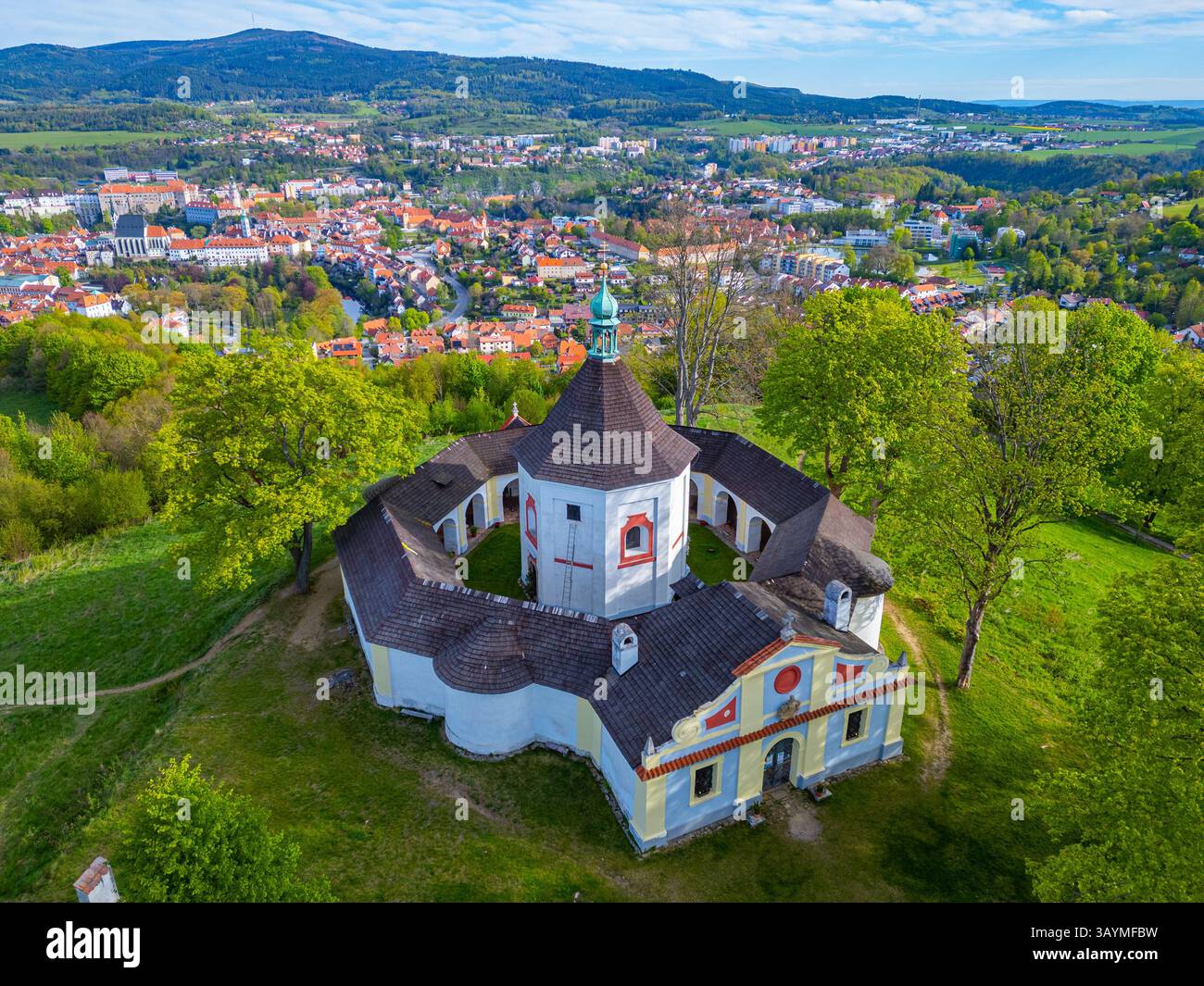 Panorama of Cesky Krumlov viewed behind Chapel of Our Lady of Sorrows ...