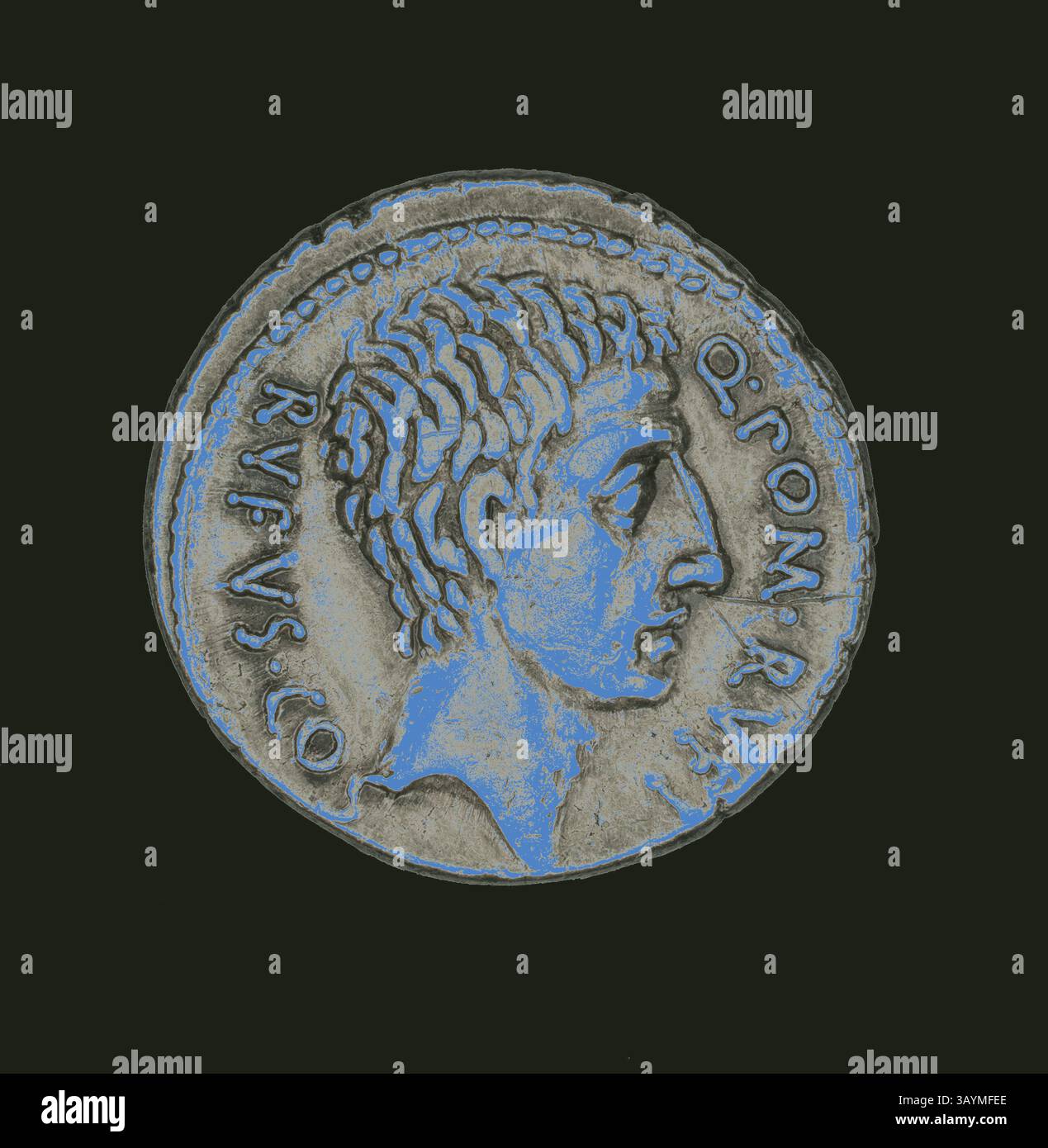 A detailed depiction of a Roman coin featuring a profile of a ...