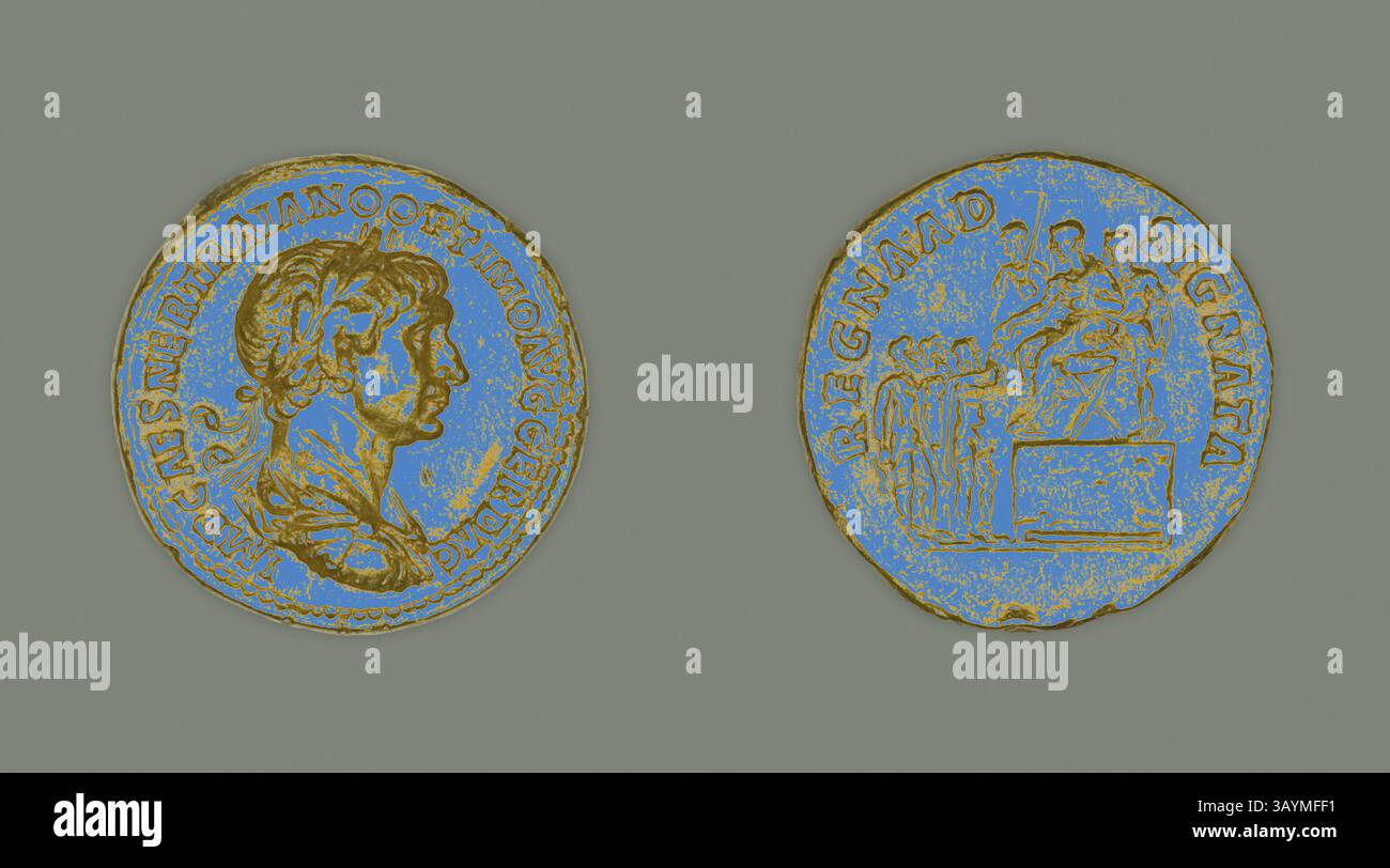 An ancient coin displaying a profile of a ruler on one side and a ...