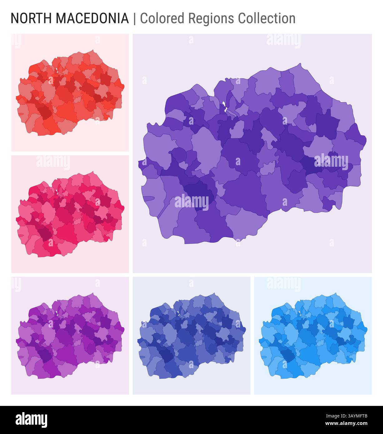 Macedonia map collection. Country shape with colored regions. Deep Purple, Red, Pink, Purple ...