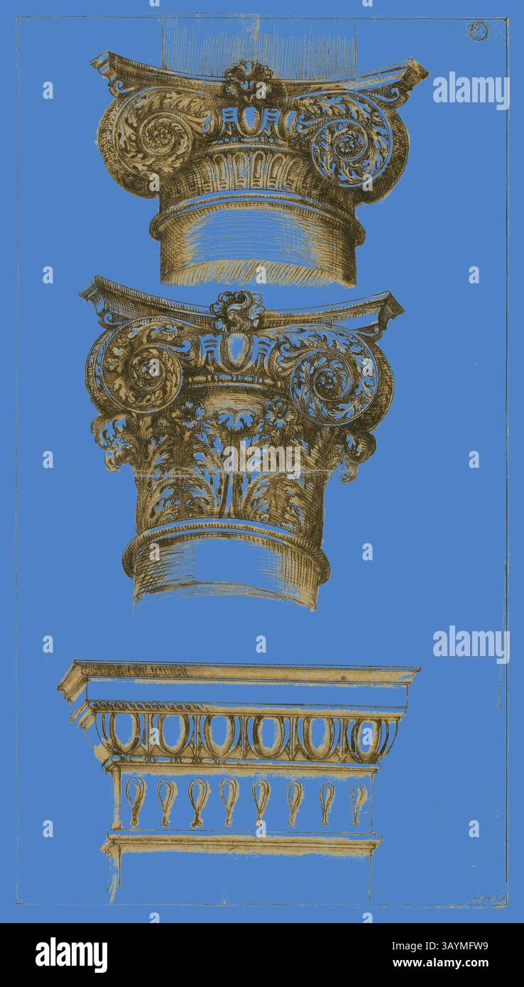 Three intricately designed Corinthian capitals, showcasing elaborate ...