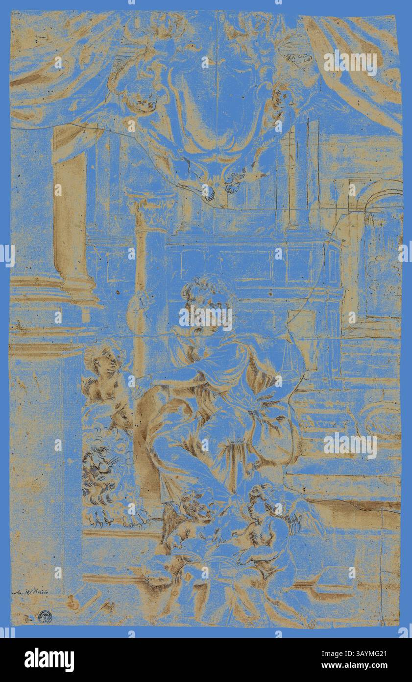 A classical scene featuring a central figure draped in flowing garments ...