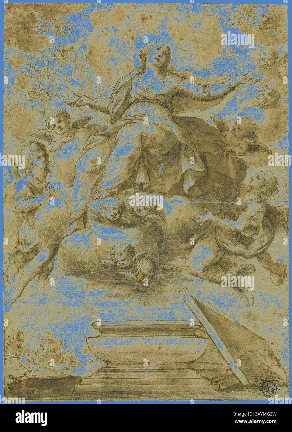 A celestial scene featuring a central figure adorned in flowing robes ...