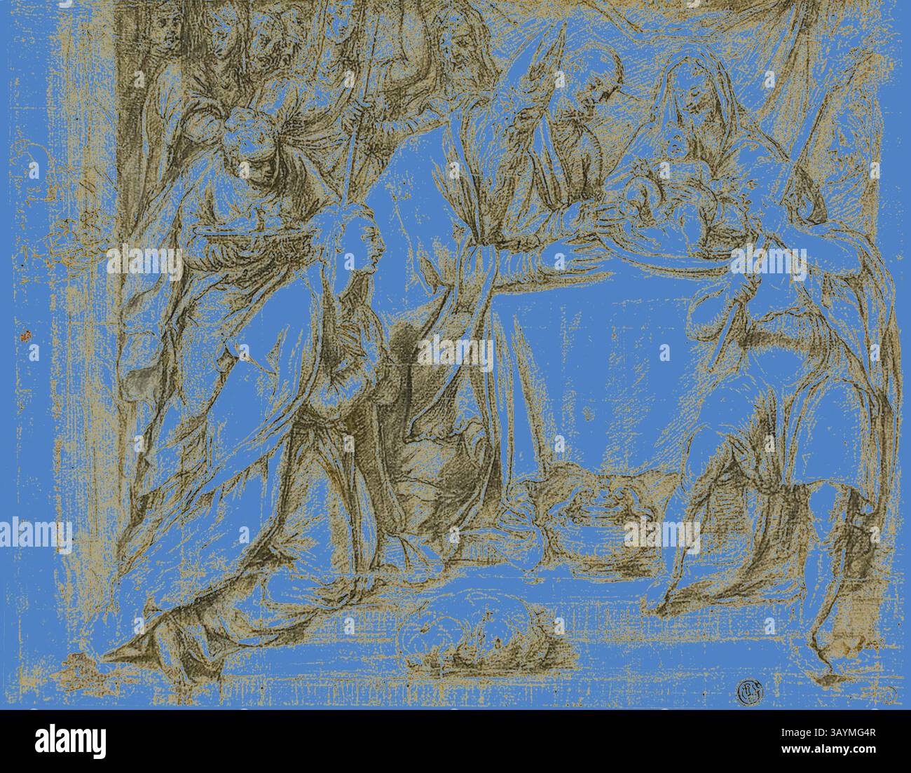 A historical scene depicts a group of figures gathered around a central ...