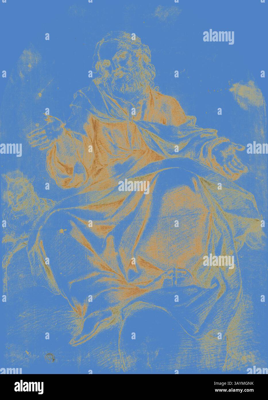 A figure draped in flowing garments sits in a thoughtful pose ...