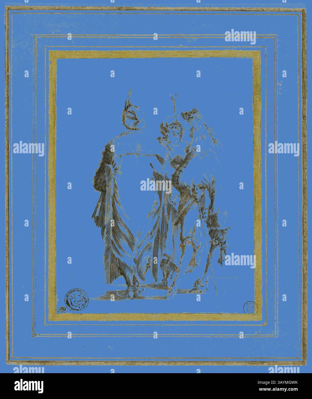 A striking artwork featuring two figures, one draped in flowing robes ...