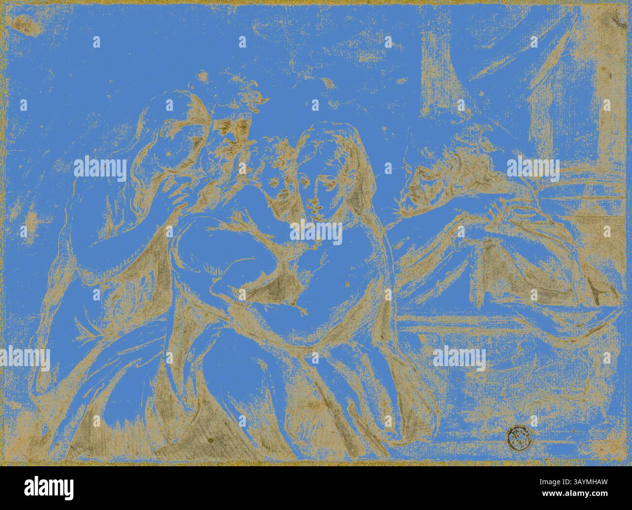 The artwork depicts a group of figures in an intimate setting, with ...