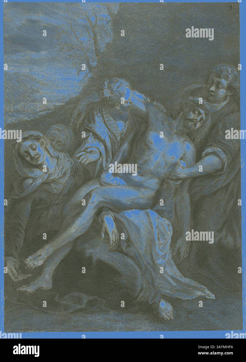 A depiction of a lifeless figure being mourned by several anguished ...