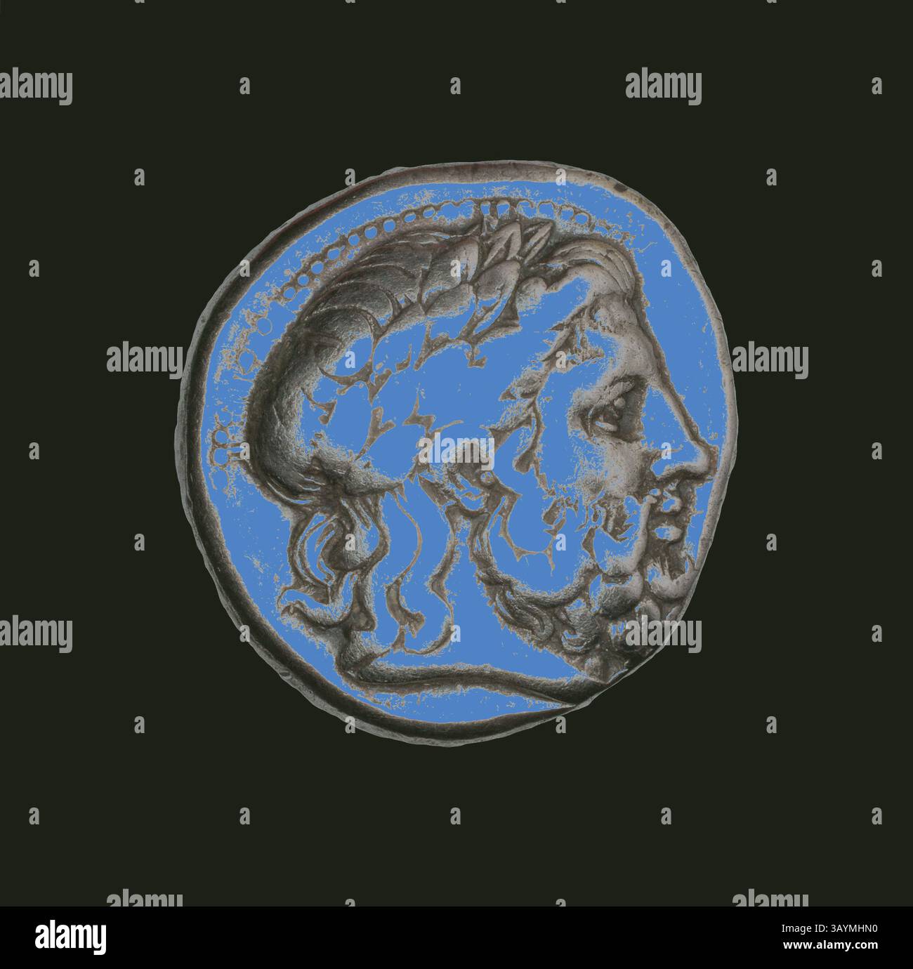 A detailed depiction of an ancient coin featuring the profile of a ...