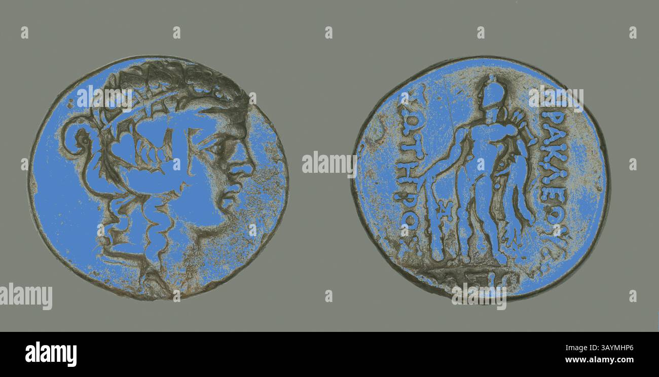 An ancient coin features a detailed profile of a figure adorned with a ...