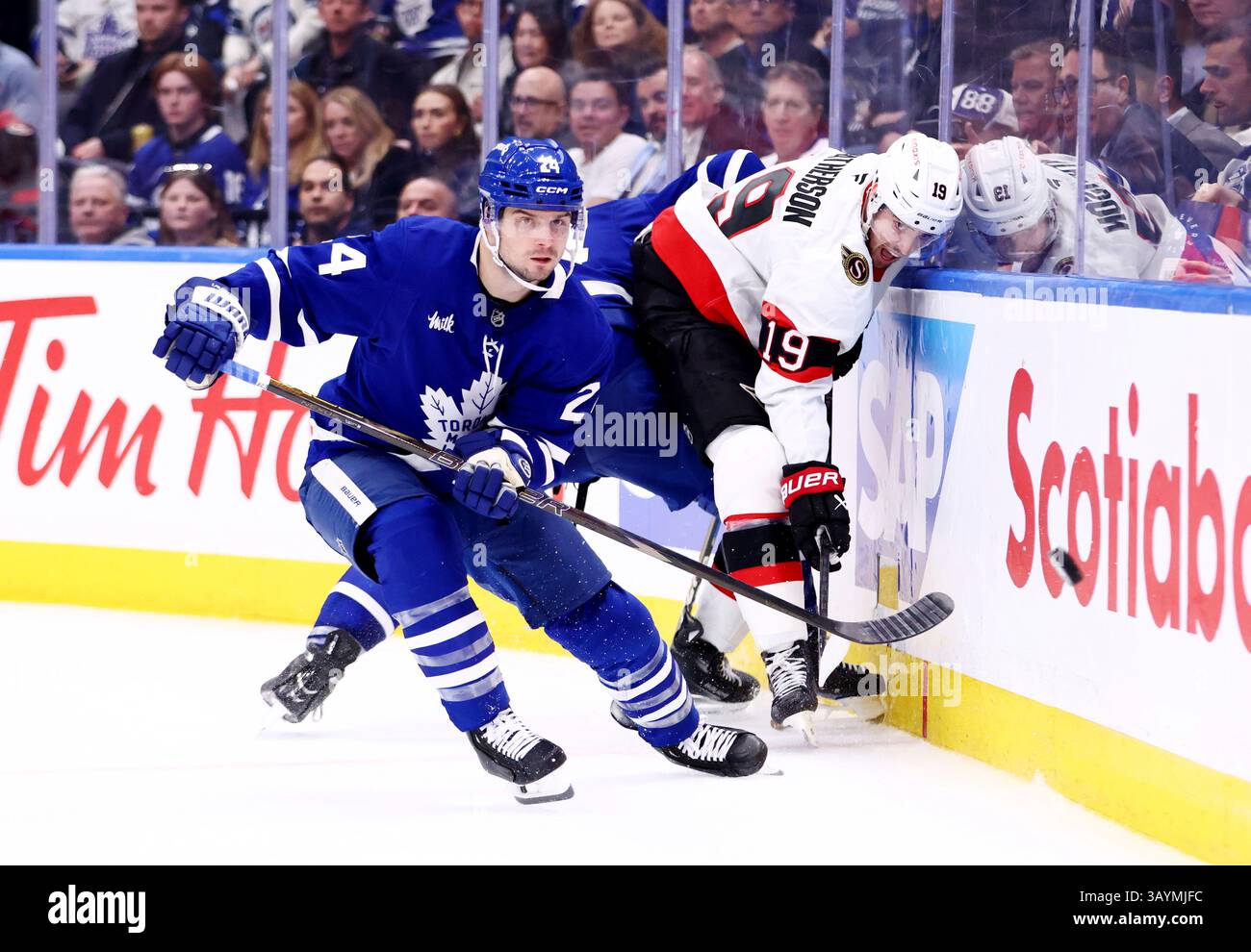Toronto Maple Leafs' Scott Laughton (24) and Ottawa Senators' Drake Batherson (19) battle for ...