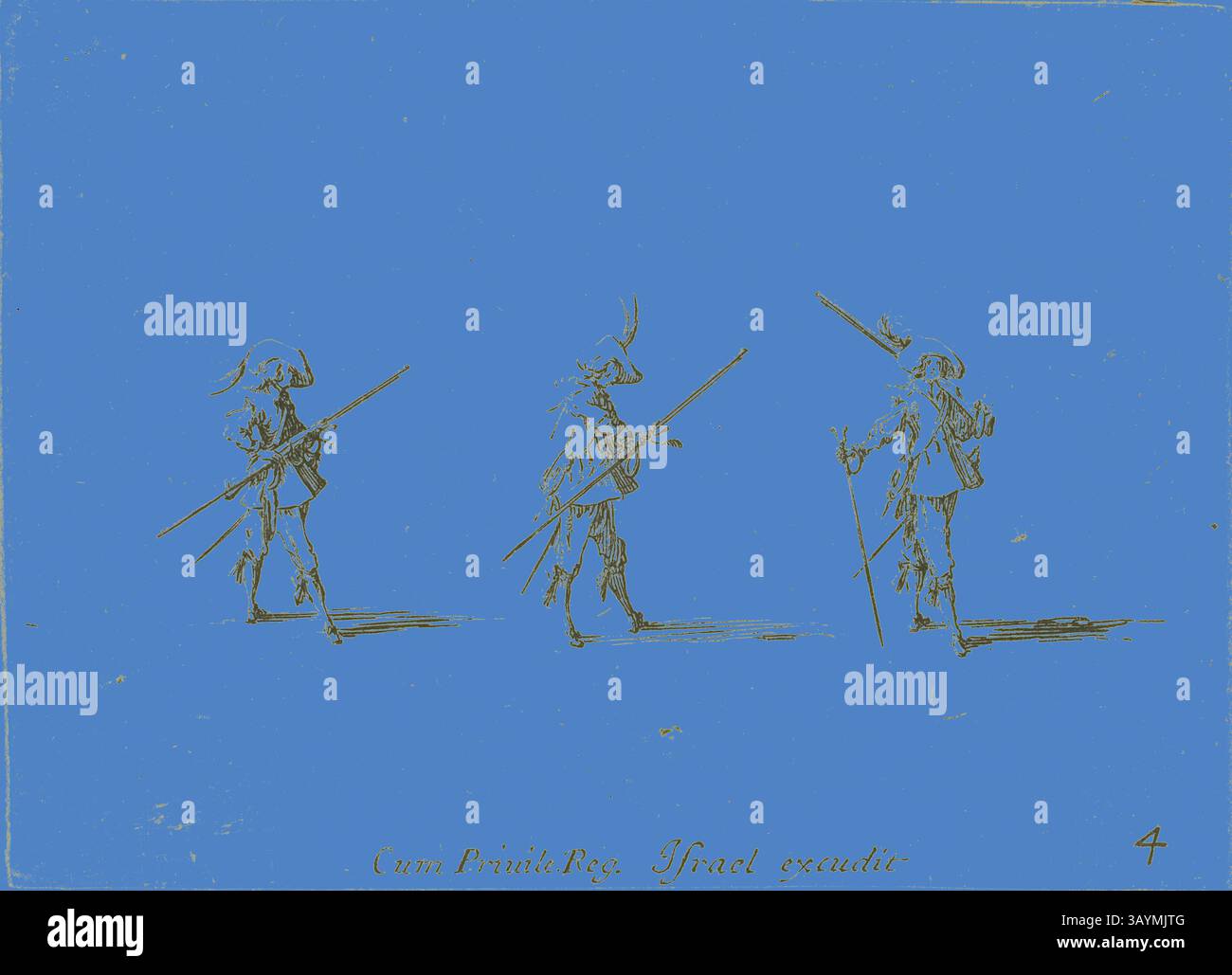 Three soldiers are depicted in a sequential pose, each wielding a spear ...