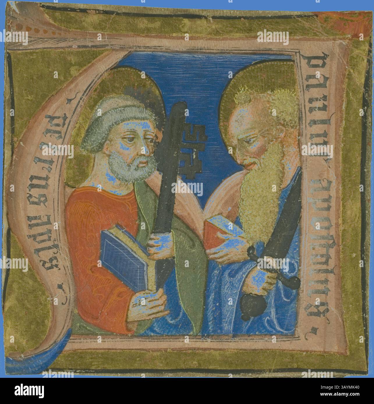 Two figures, each holding significant symbols, engage in a solemn ...