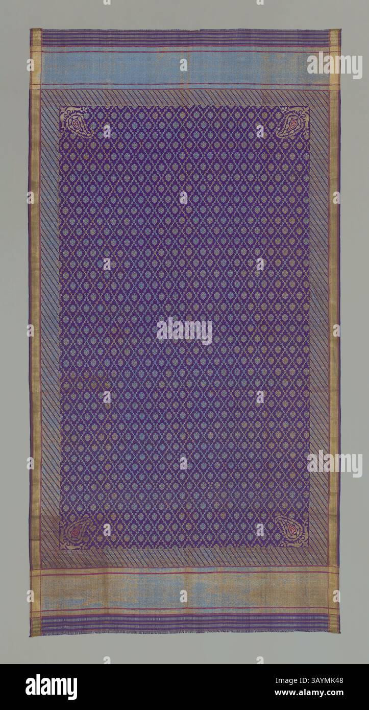 An intricately woven textile features a rich purple backdrop adorned ...