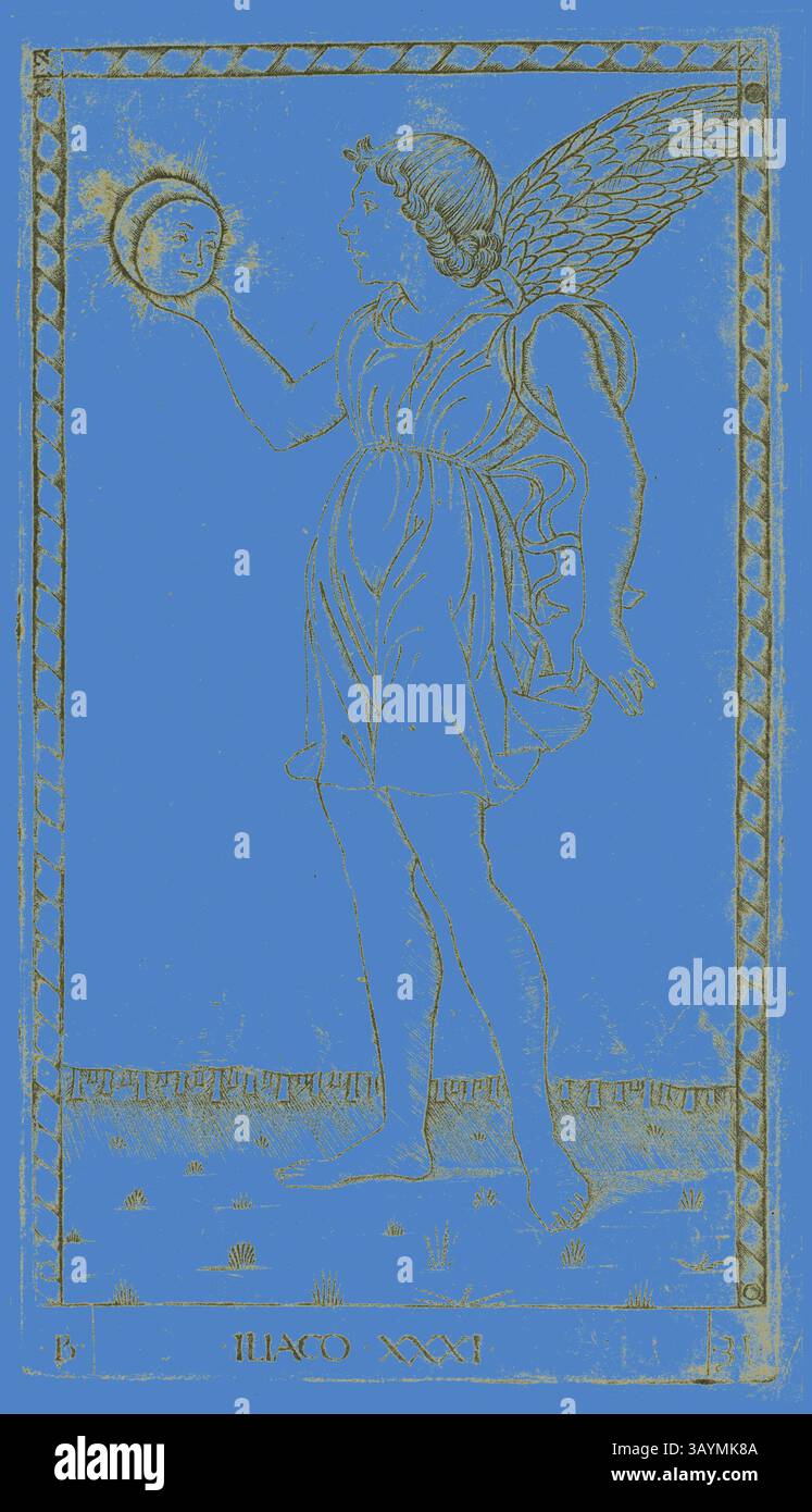 A celestial figure with wings holds a radiant sun in one hand while ...