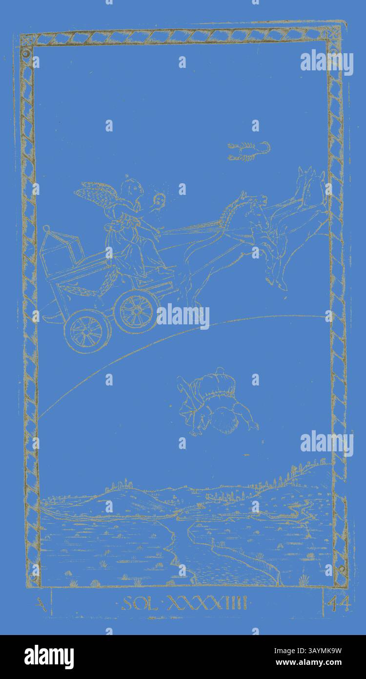 A celestial scene depicting a figure riding in a chariot pulled by two ...