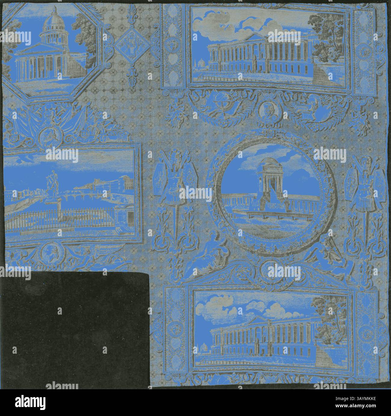 A decorative design featuring architectural landmarks and elaborate ...