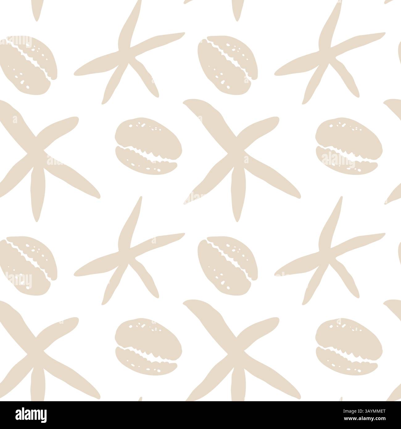 Beige cowrie shell and starfish seamless pattern on white background in ...